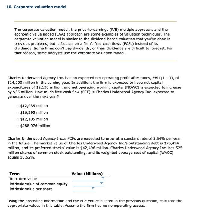 Solved 10. Corporate valuation model The corporate valuation | Chegg.com