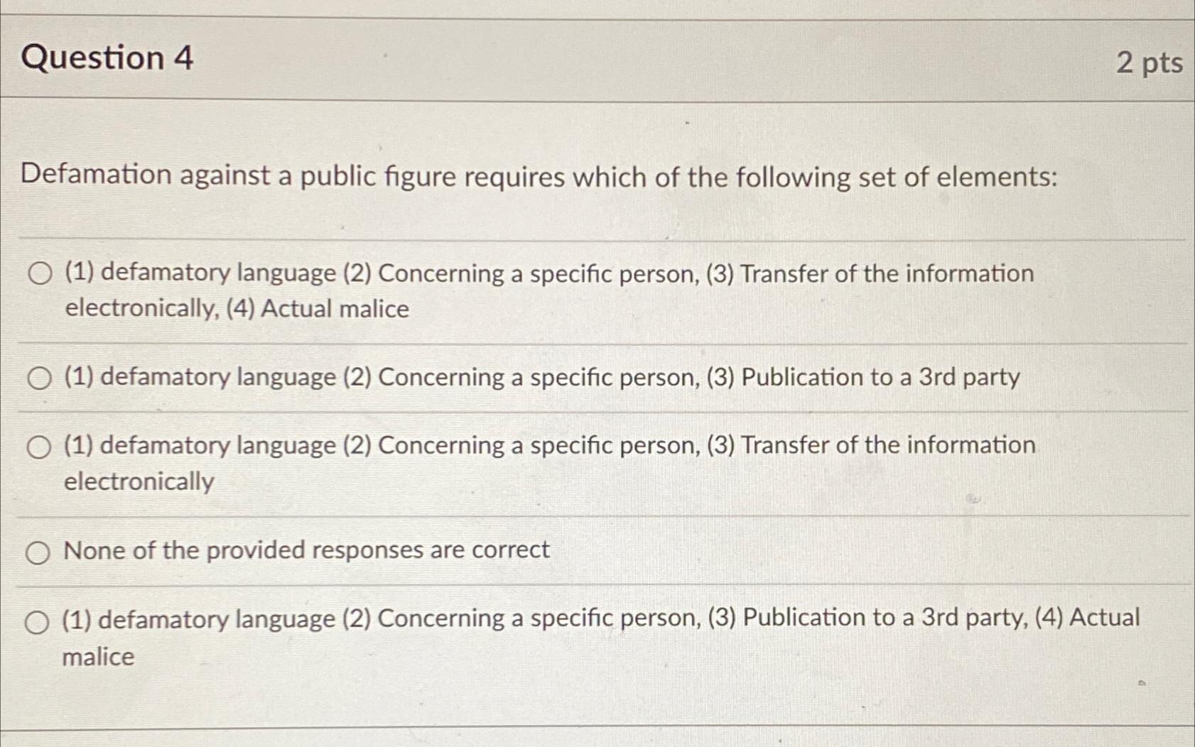 Solved Question 42 ﻿ptsDefamation against a public figure | Chegg.com