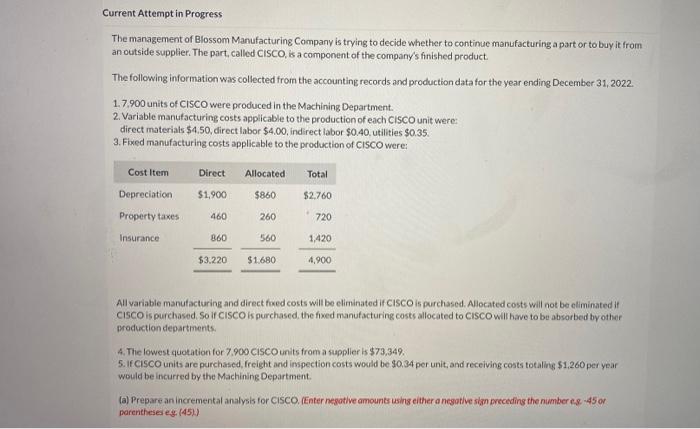 Solved Current Attempt in Progress The management of Blossom | Chegg.com
