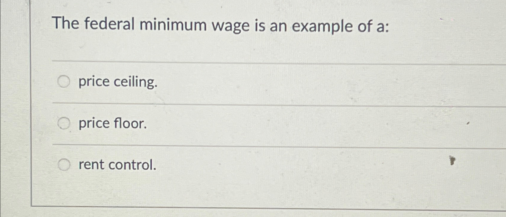 Solved The federal minimum wage is an example of a:price | Chegg.com