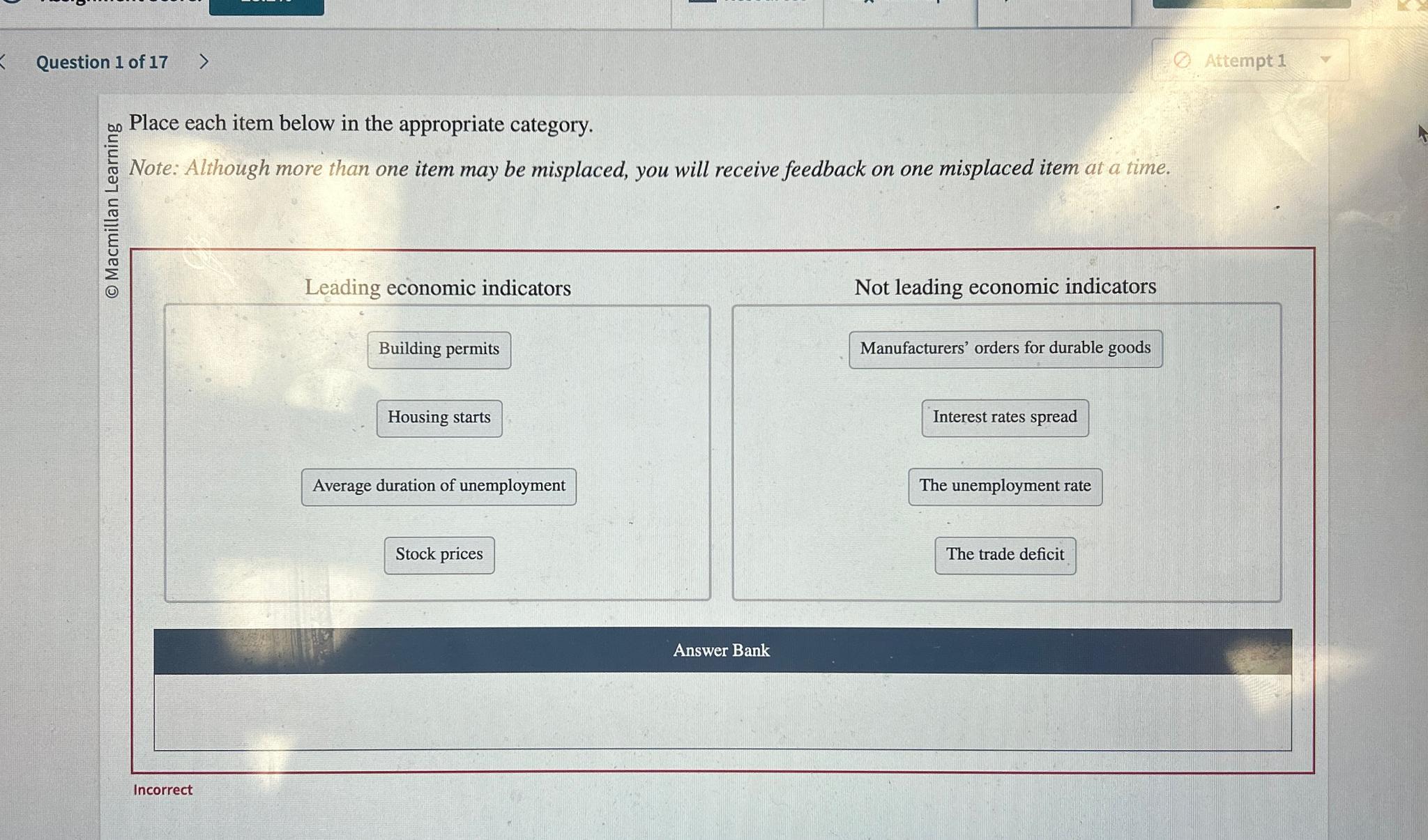 Solved Question 1 ﻿of 17Attempt 1?50 ﻿Place each item below | Chegg.com