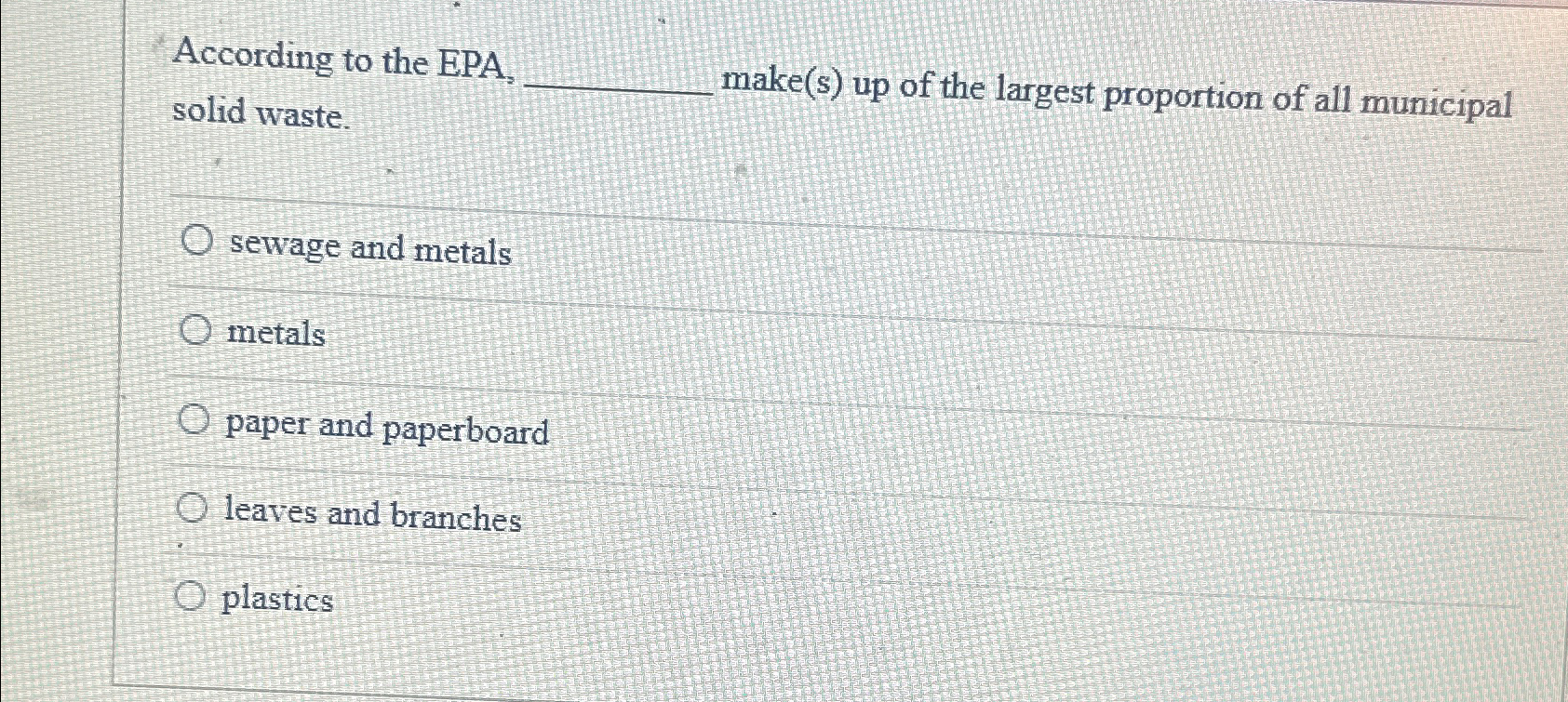 Solved According to the EPA, solid waste. make(s) ﻿up of the | Chegg.com