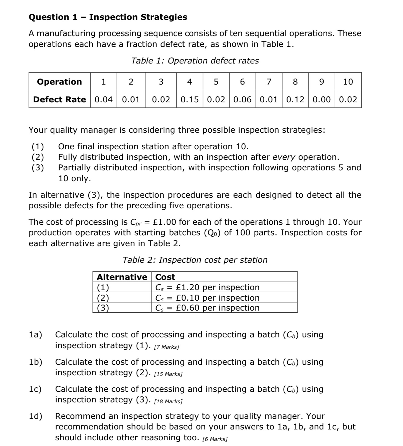 Solved Question 1 - ﻿Inspection StrategiesA manufacturing | Chegg.com
