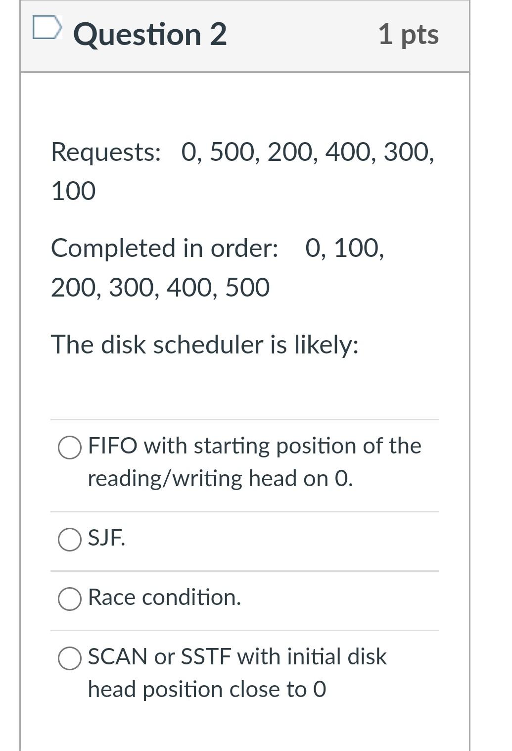 Solved Question 2 1 pts Requests: 0,500,200,400,300, 100 | Chegg.com