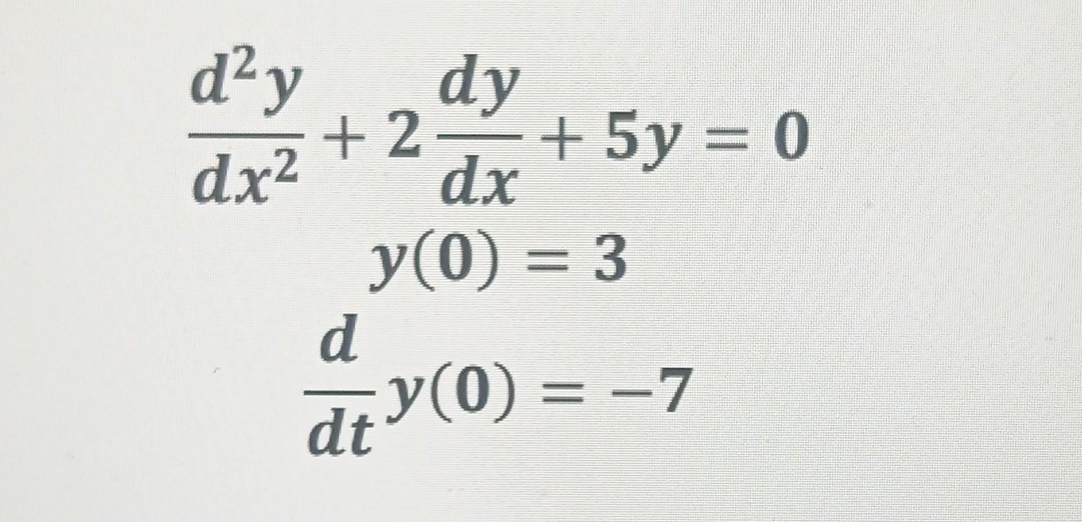 Solved dx2d2y+2dxdy+5y=0y(0)=3dtdy(0)=−7 | Chegg.com