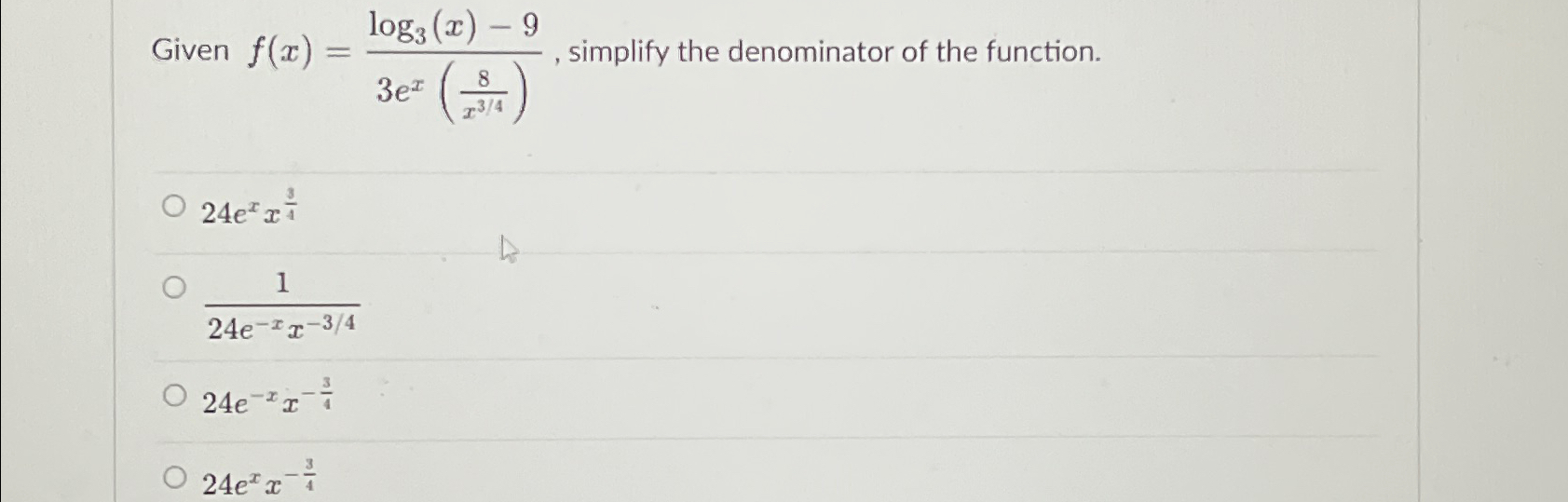 Solved Given f(x)=log3(x)-93ex(8x34), ﻿simplify the | Chegg.com