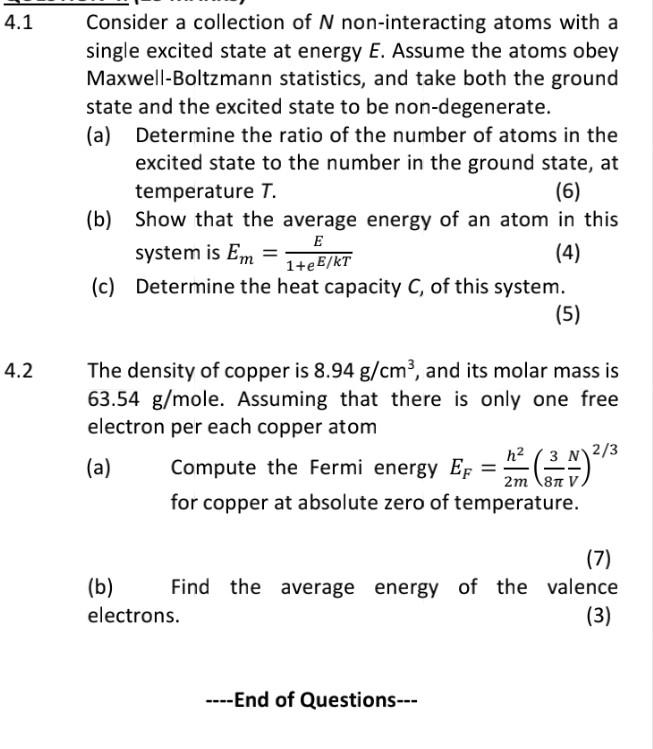 Solved 4.1 4.2 Consider a collection of N non-interacting | Chegg.com