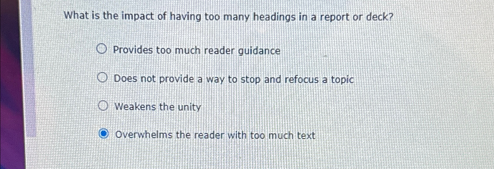 Solved What is the impact of having too many headings in a | Chegg.com