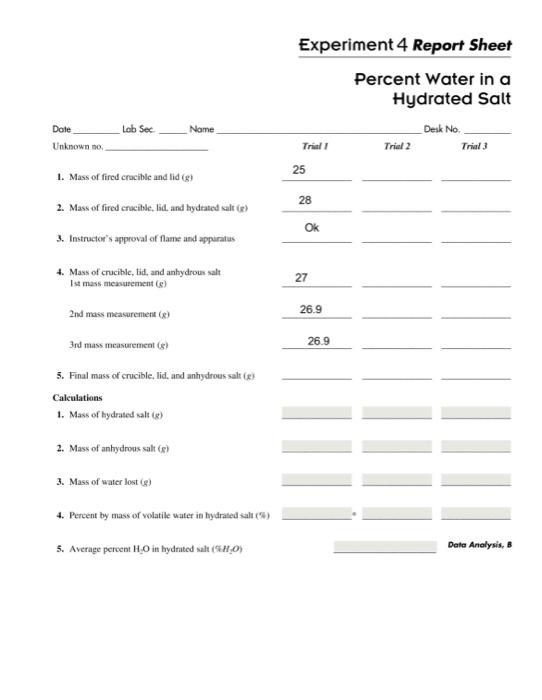 Solved Experiment 4 Report Sheet Percent Water in a Hydrated | Chegg.com