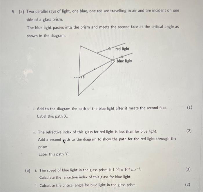 5. (a) Two parallel rays of light, one blue, one red | Chegg.com