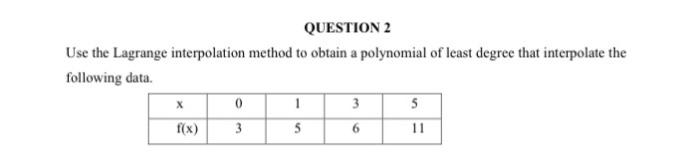 Solved QUESTION 2 Use the Lagrange interpolation method to | Chegg.com