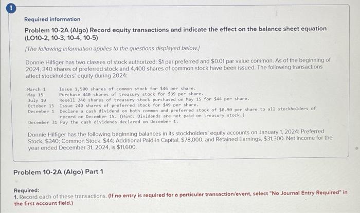 Solved Required information Problem 10-2A (Algo) Record | Chegg.com