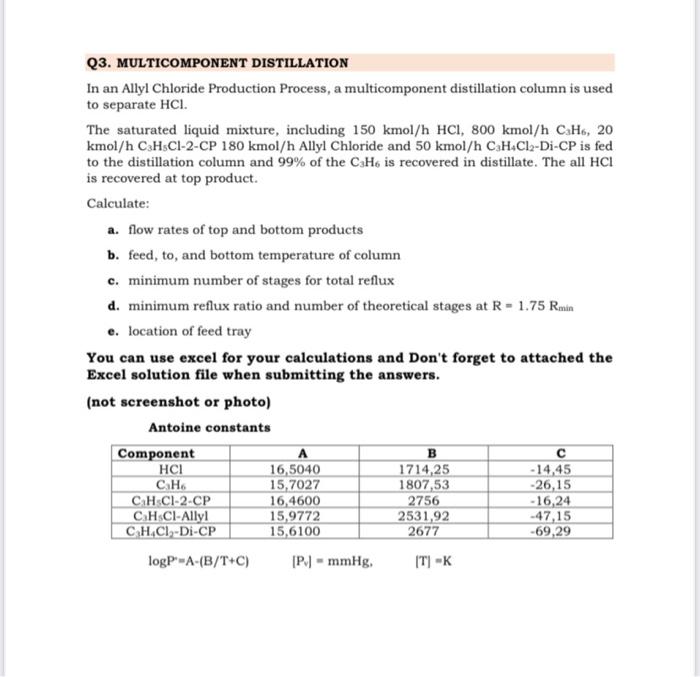 Solved Q3. MULTICOMPONENT DISTILLATION In an Allyl Chloride | Chegg.com