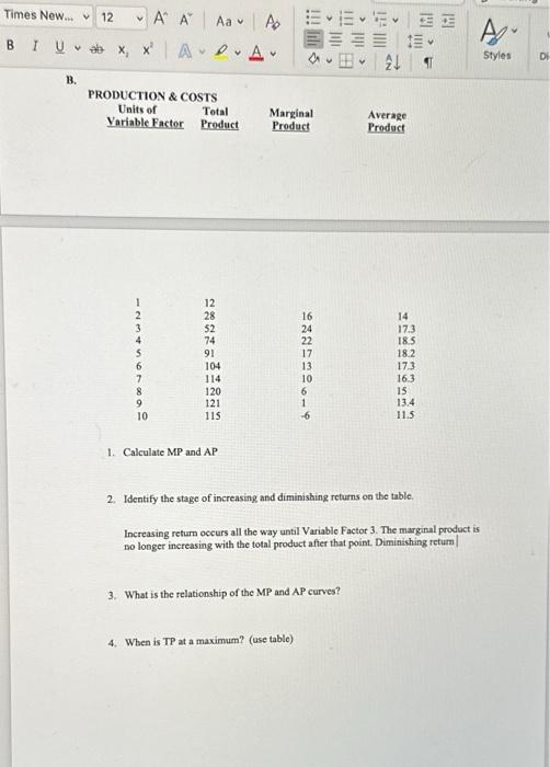 Solved 1. Calculate MP and AP 2. Identify the stage of | Chegg.com