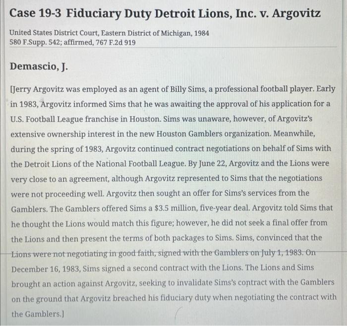 Solved Case 19-3 Fiduciary Duty Detroit Lions, Inc. v. | Chegg.com