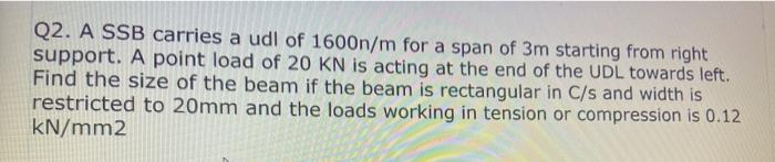Q2. A SSB carries a udl of 1600n/m for a span of 3m | Chegg.com