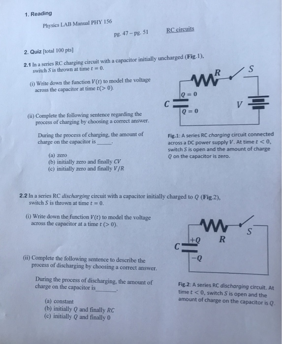 Solved 1. Reading Physics LAB Manual PHY 156 RC circuits Pg. | Chegg.com