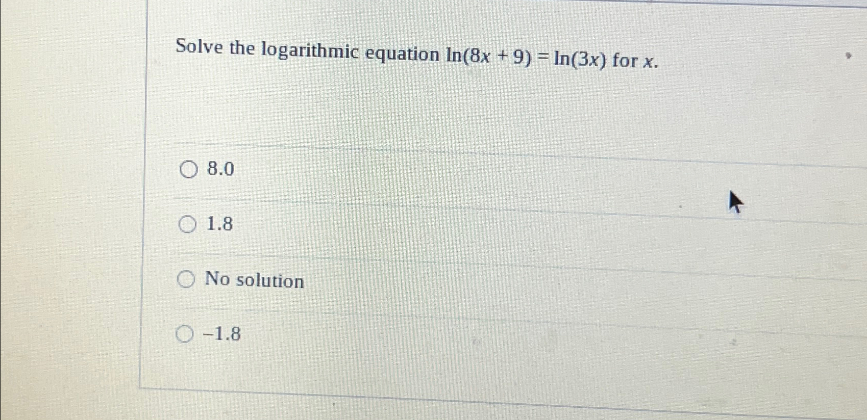 Solved Solve the logarithmic equation ln(8x+9)=ln(3x) ﻿for | Chegg.com