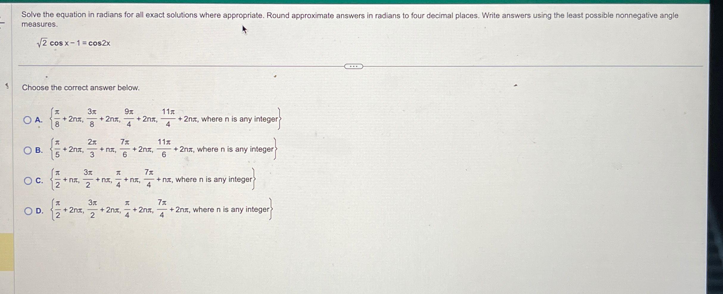 Solved Solve the equation in radians for all exact solutions | Chegg.com