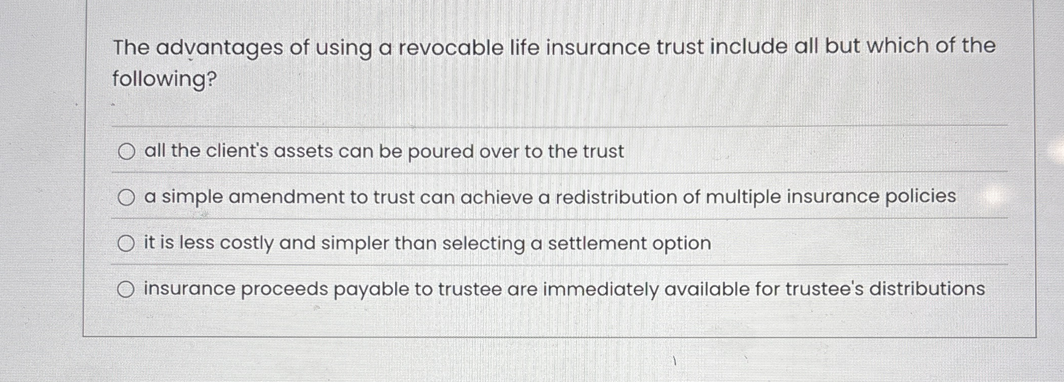 Solved The advantages of using a revocable life insurance | Chegg.com
