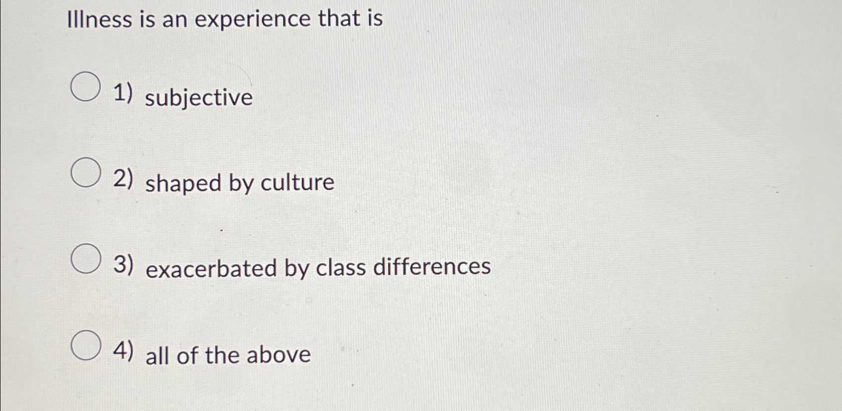 Solved Illness is an experience that issubjectiveshaped by | Chegg.com