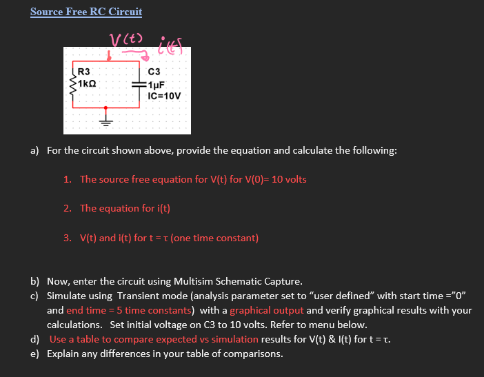 Source Free RC Circuita) ﻿For the circuit shown | Chegg.com