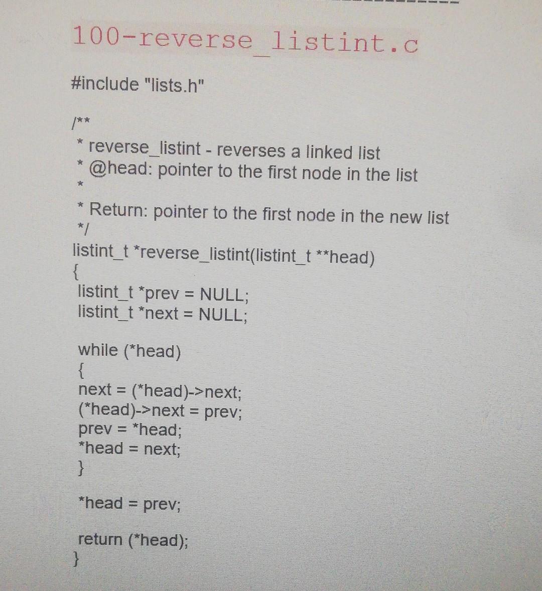Solved 100-reverse listint. c \#include "lists.h" 1∗∗ * | Chegg.com