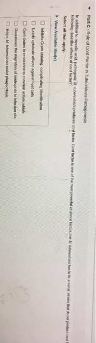 Solved Part - Role of Cord Factor in Tuberculosis | Chegg.com