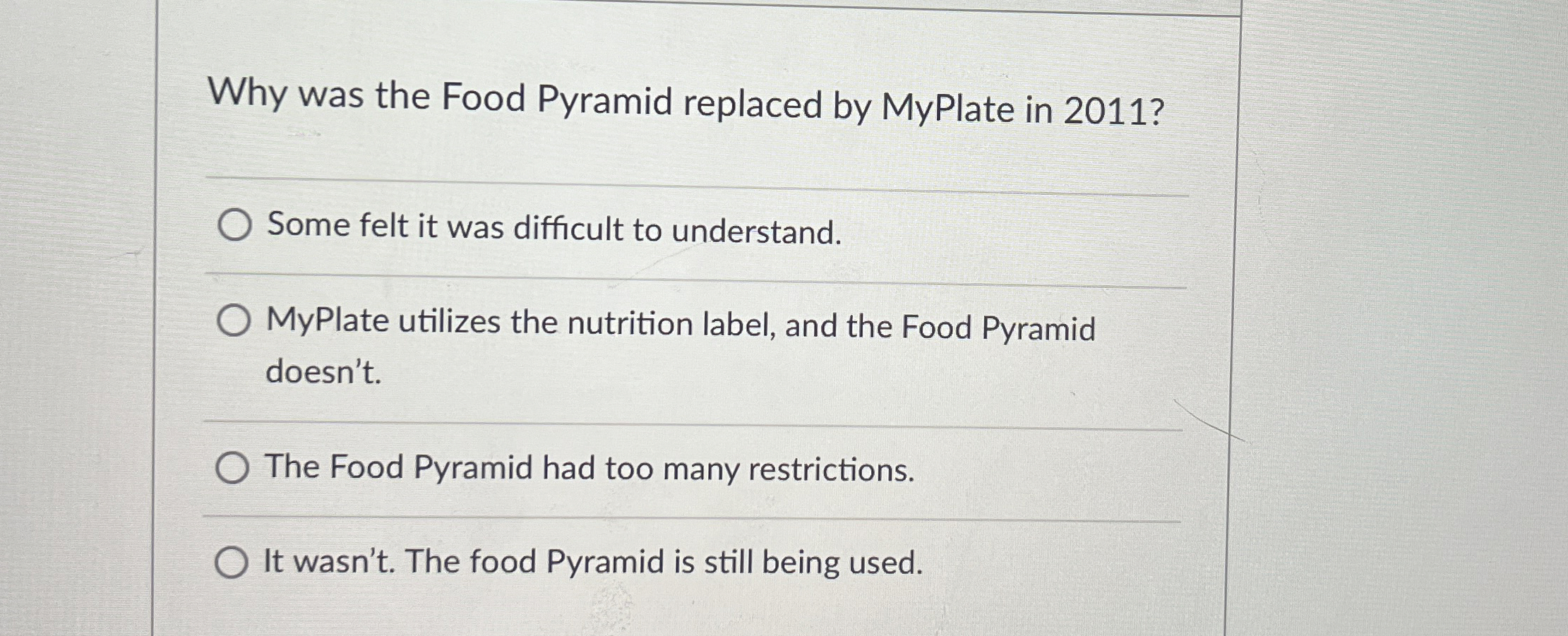 Solved Why was the Food Pyramid replaced by MyPlate in | Chegg.com