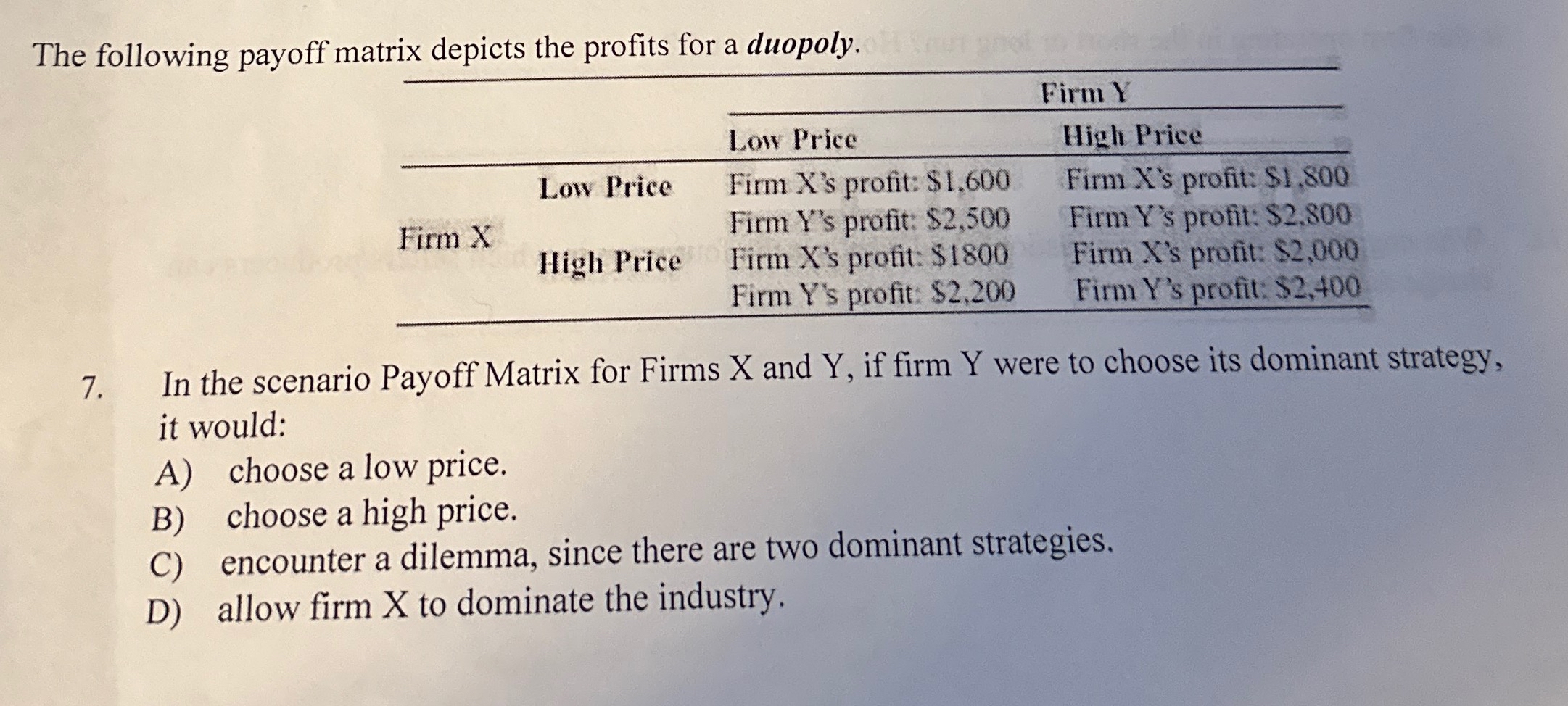 Solved The following payoff matrix depicts the profits for a | Chegg.com