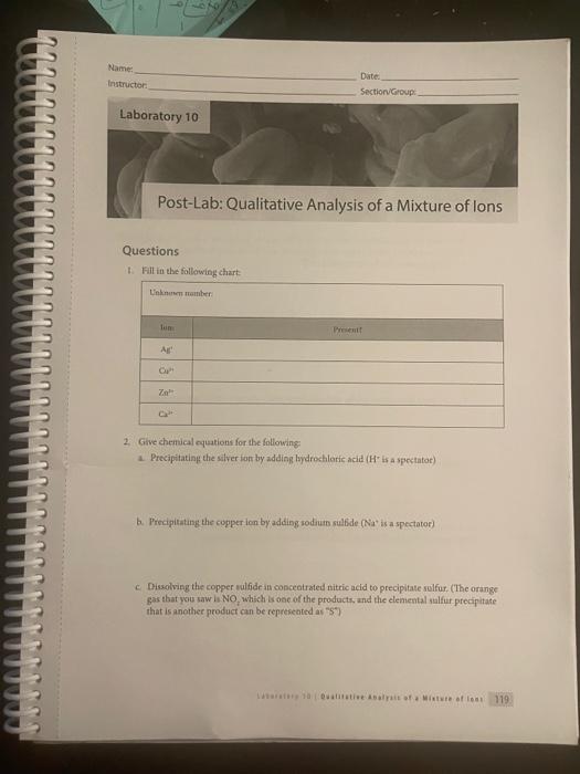 Solved Post-Lab: Qualitative Analysis of a Mixture of lons | Chegg.com