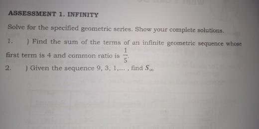 Solved ASSESSMENT 1. INFINITY Solve for the specified | Chegg.com