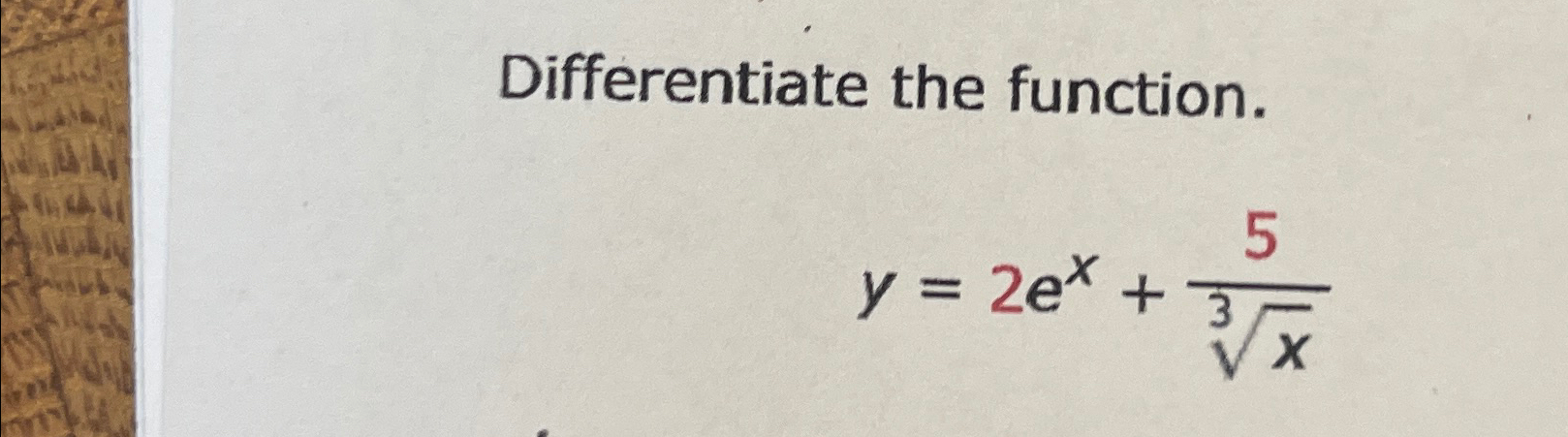 Solved Differentiate the function.y=2ex+5x3 | Chegg.com