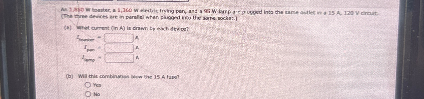 Solved An 1,850 ﻿W toaster, a 1,360 ﻿W electric frying pan, | Chegg.com