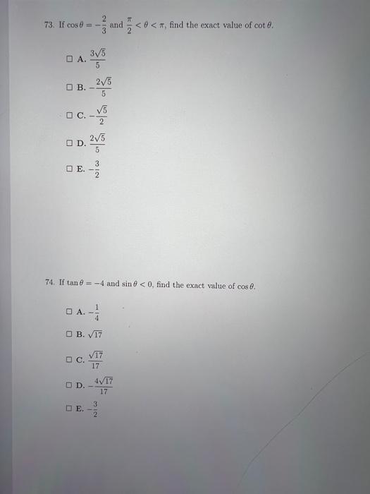 Solved 73. If cos 0 - CICO and
