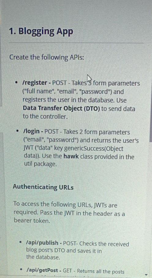 Solved 1. Blogging App Create the following APls: • | Chegg.com