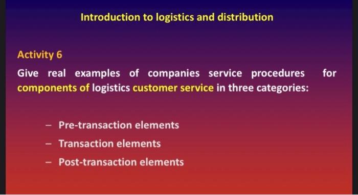 Solved Introduction to logistics and distribution Activity 6 | Chegg.com