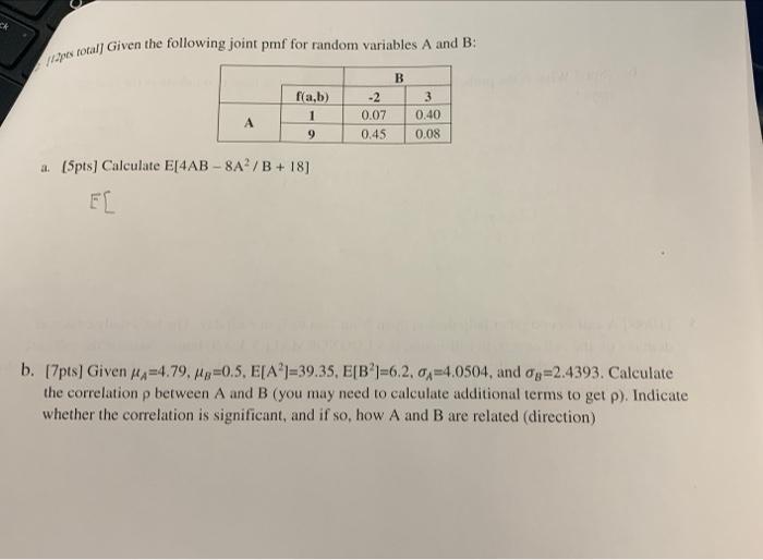 Solved [12pectotal] Given the following joint pmf for random | Chegg.com