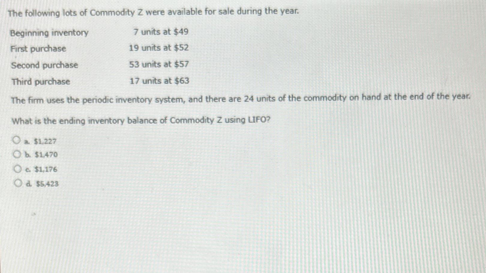 Solved The following lots of Commodity Z ﻿were available for | Chegg.com