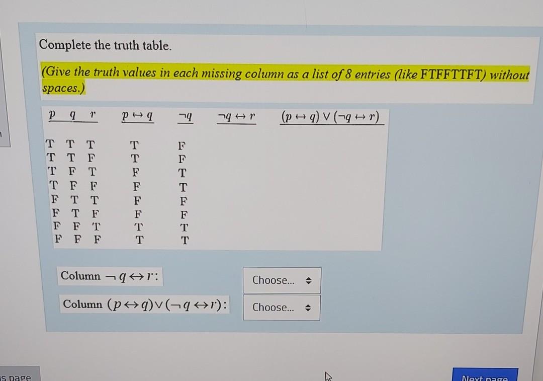 Solved Complete the truth table. (Give the truth values in | Chegg.com
