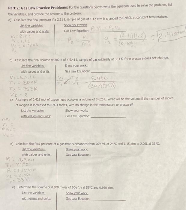 Solved Part 2: Gas Law Practice Problems: for the questions | Chegg.com