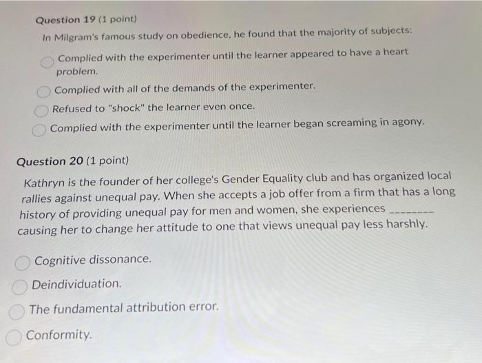 Solved Question 19 ( 1 point) In Milgram's famous study on | Chegg.com