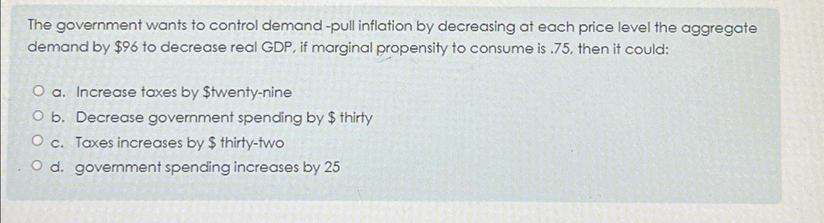 Solved The government wants to control demand -pull | Chegg.com