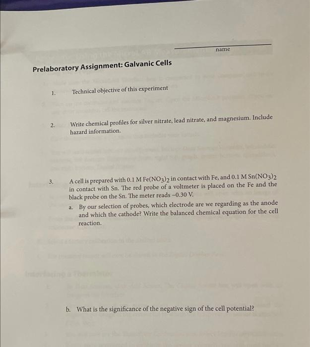 name Prelaboratory Assignment: Galvanic Cells 1. | Chegg.com