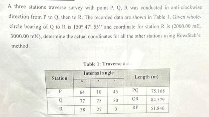 Solved A three stations traverse survey with point P,Q,R was | Chegg.com