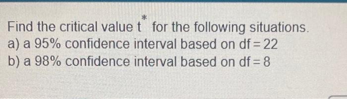 Solved Find the critical value t∗ for the following | Chegg.com