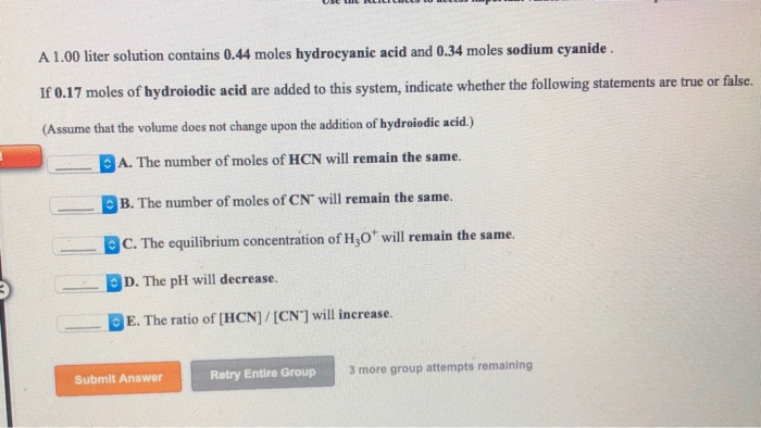 Solved A 1.00 liter solution contains 0.44 moles hydrocyanic | Chegg.com