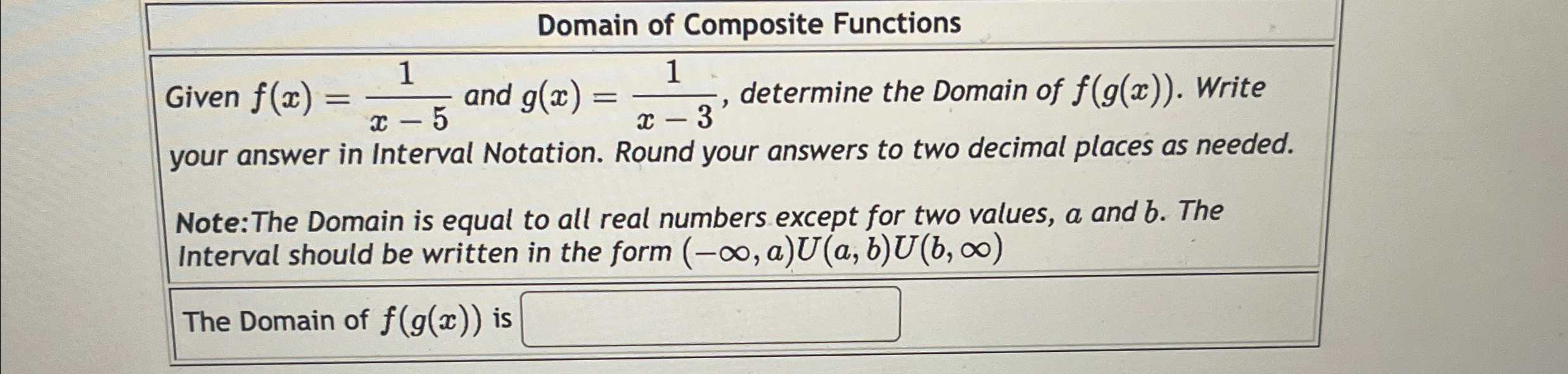 Solved Domain of Composite FunctionsGiven f(x)=1x-5 ﻿and | Chegg.com