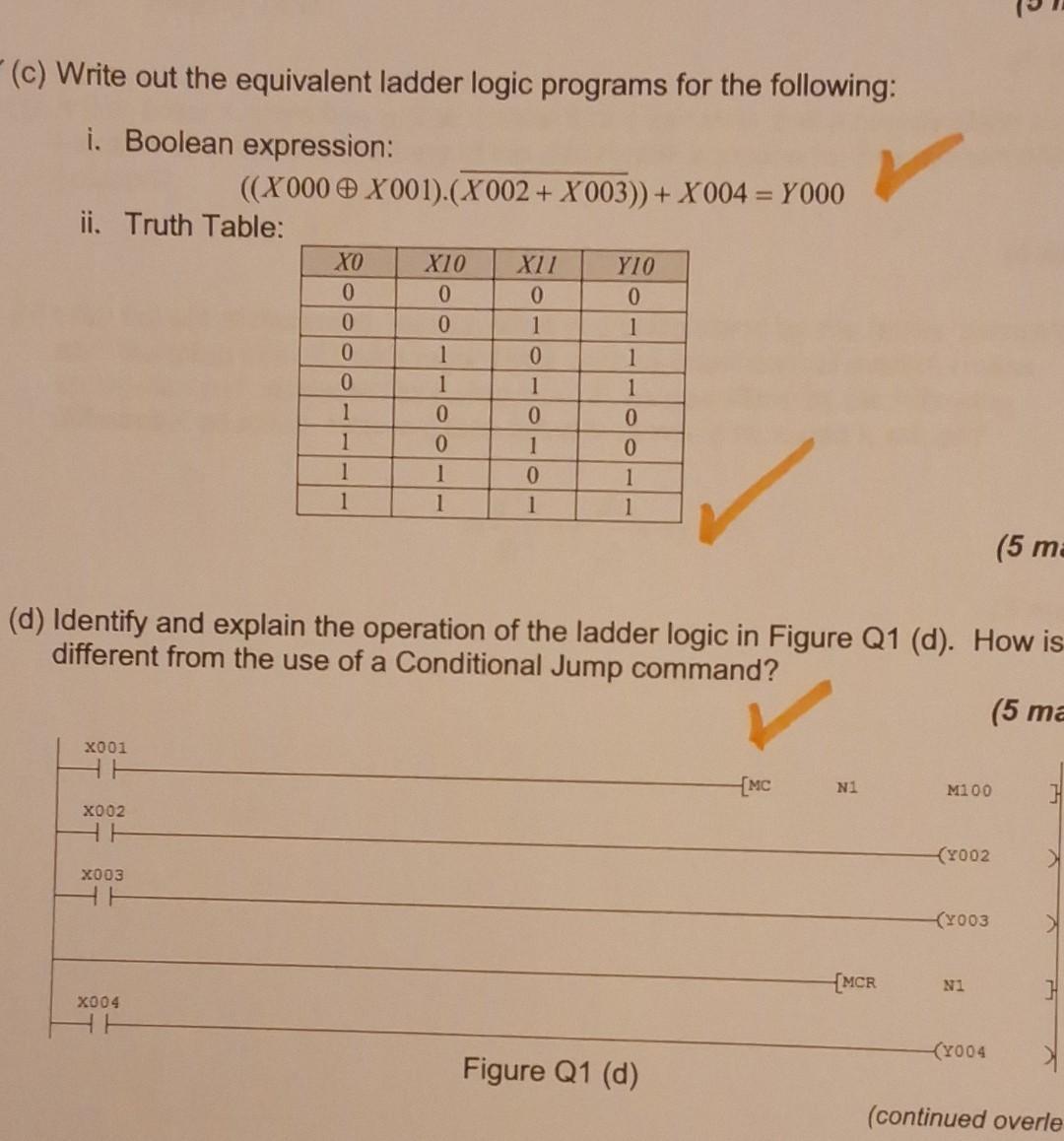 Solved (c) Write out the equivalent ladder logic programs | Chegg.com