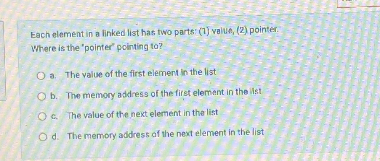 Solved Each element in a linked list has two parts: (1) | Chegg.com